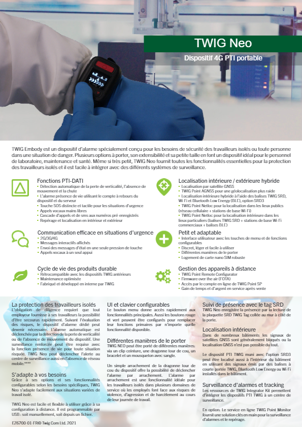 TWIG Neo Fiche technique EZ6700-FR | TWIG personal alarms