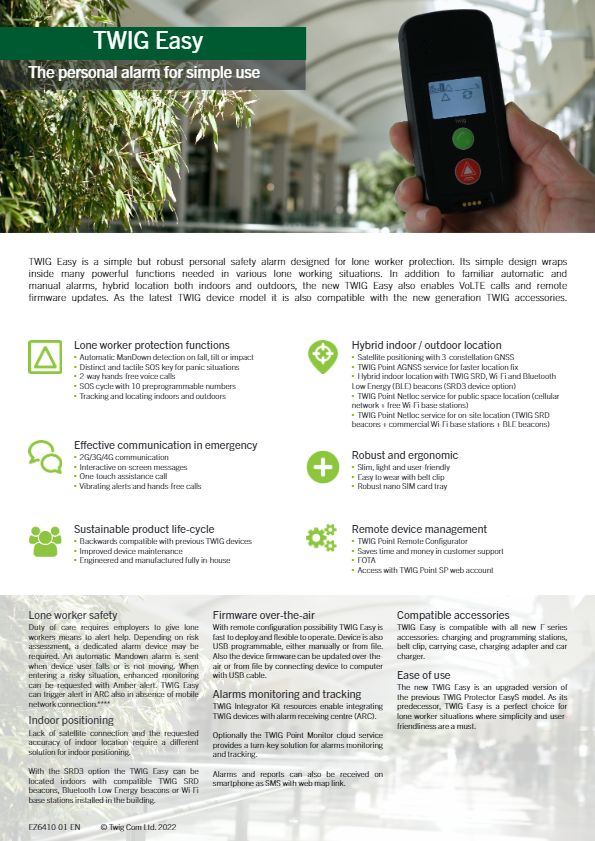 TWIG Easy Datasheet YZ6410-EN | TWIG lone worker alarms