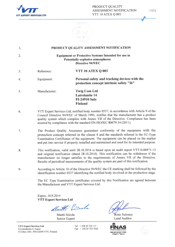 Quality Certificate ATEX Directive 94/9/EC | TWIG lone worker alarms