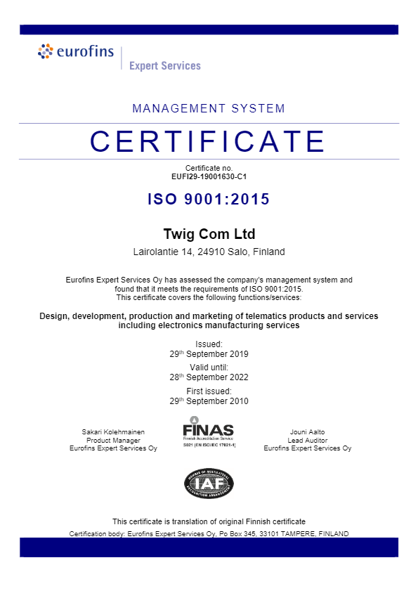 Management System Certificate ISO9001:2015 | TWIG lone worker alarms